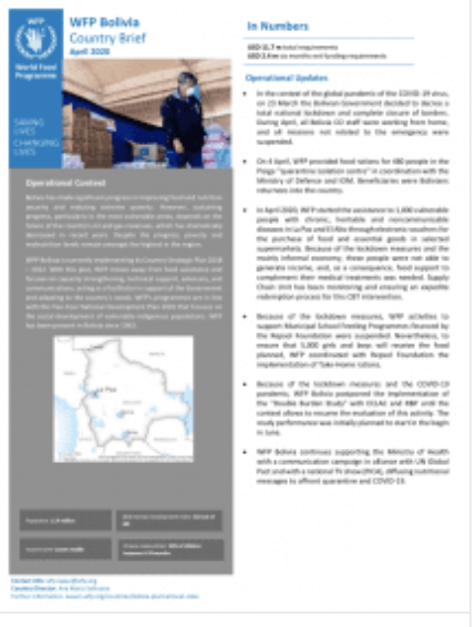 WFP Bolivia Country Brief, April 2020 – Bolivian Thoughts Pensamientos ...